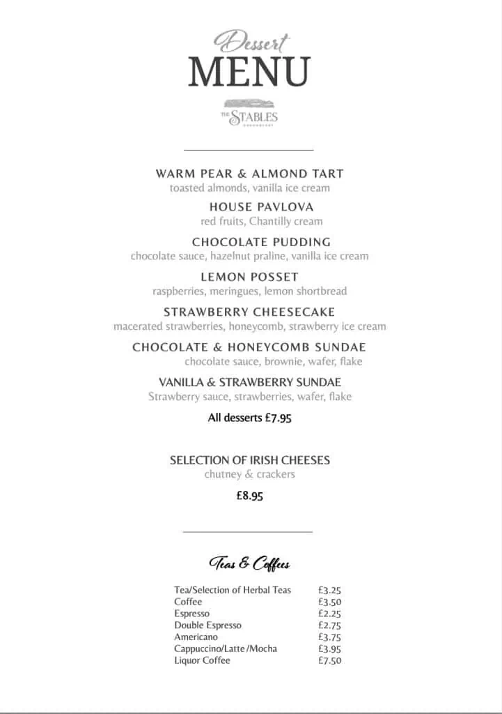 Restaurant Menus | The Stables Groomsport